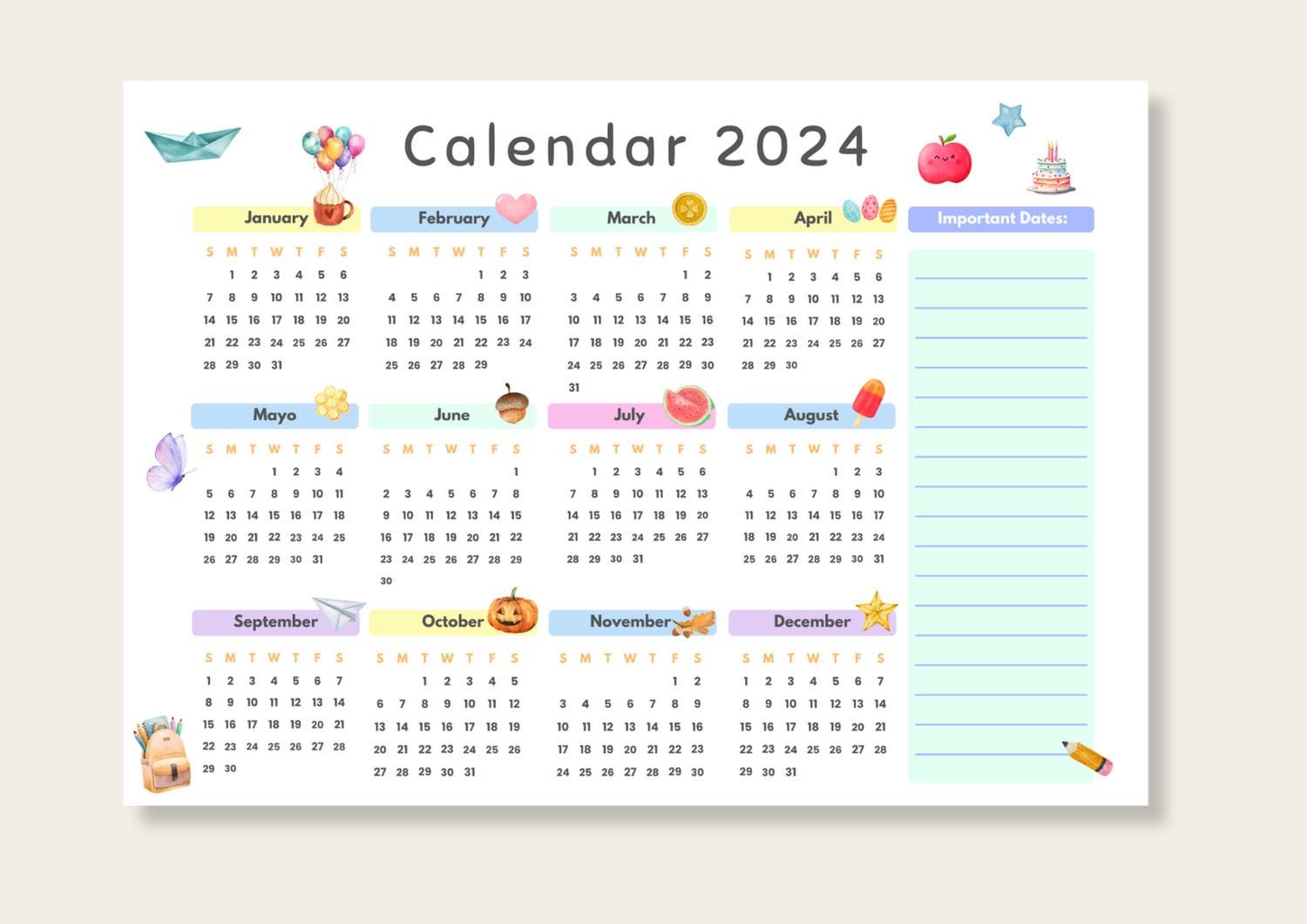 2024 Calendar for Kids Printable and Editable, Watercolor Calendars ...