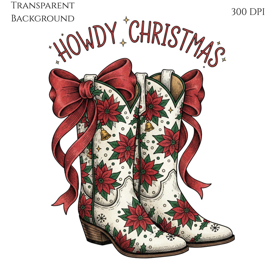 Festive Cowboy Boots With Red Coquette Bow Howdy Christmas PNG Digital ...