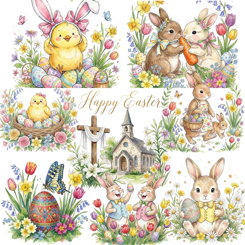 Watercolor Easter Clipart Set, Bunnies, Chicks, Church (digital PNG) - Etsy