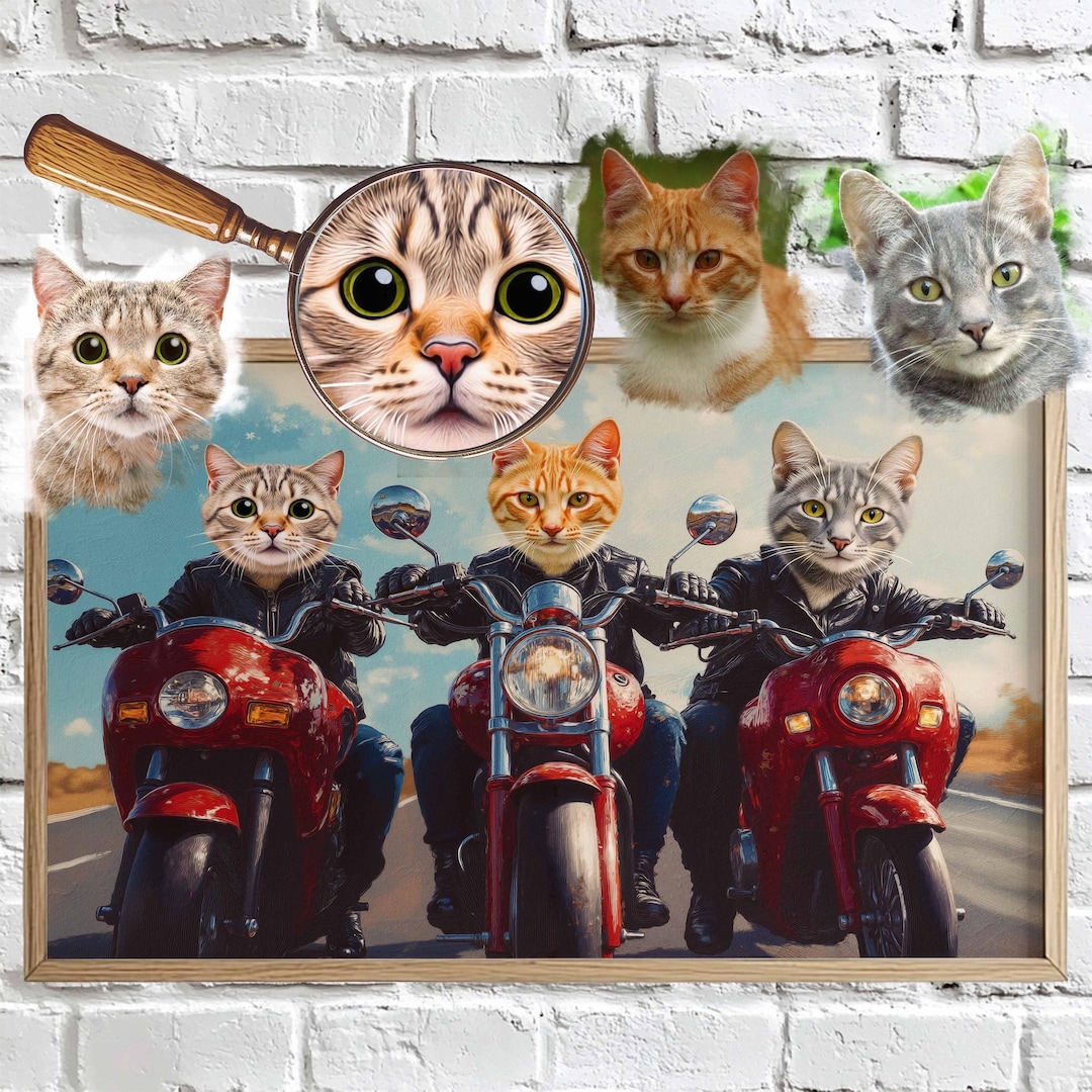 Multiple Cat Biker Portrait, Custom Motorcycle Pet Art, Funny Cat Gang ...
