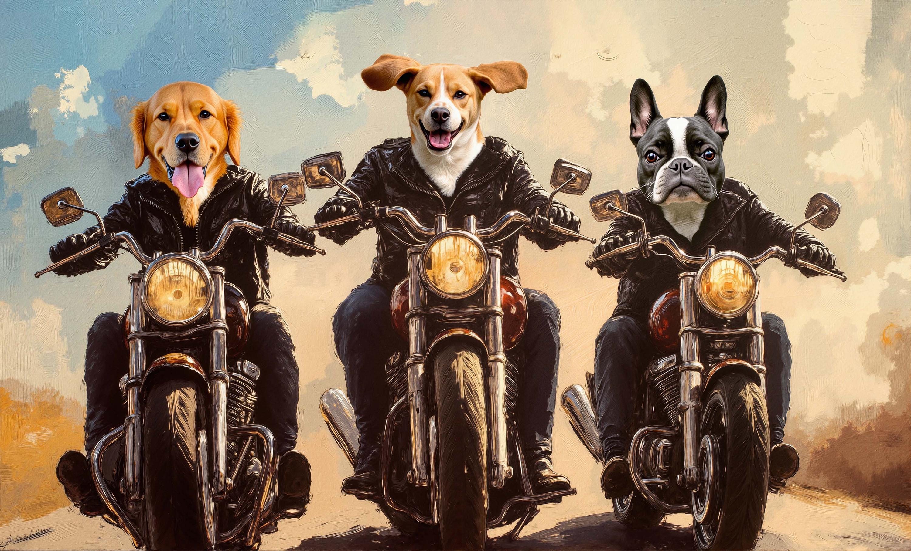 Custom Biker Pet Portrait, Multiple Dogs Motorcycle Style, Christmas ...