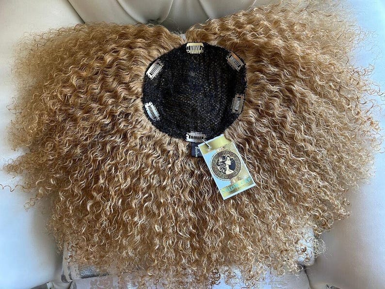 6.5x6.5 Human Hair Topper Curly Honey Golden Blonde 27 Afro Style Wet ...