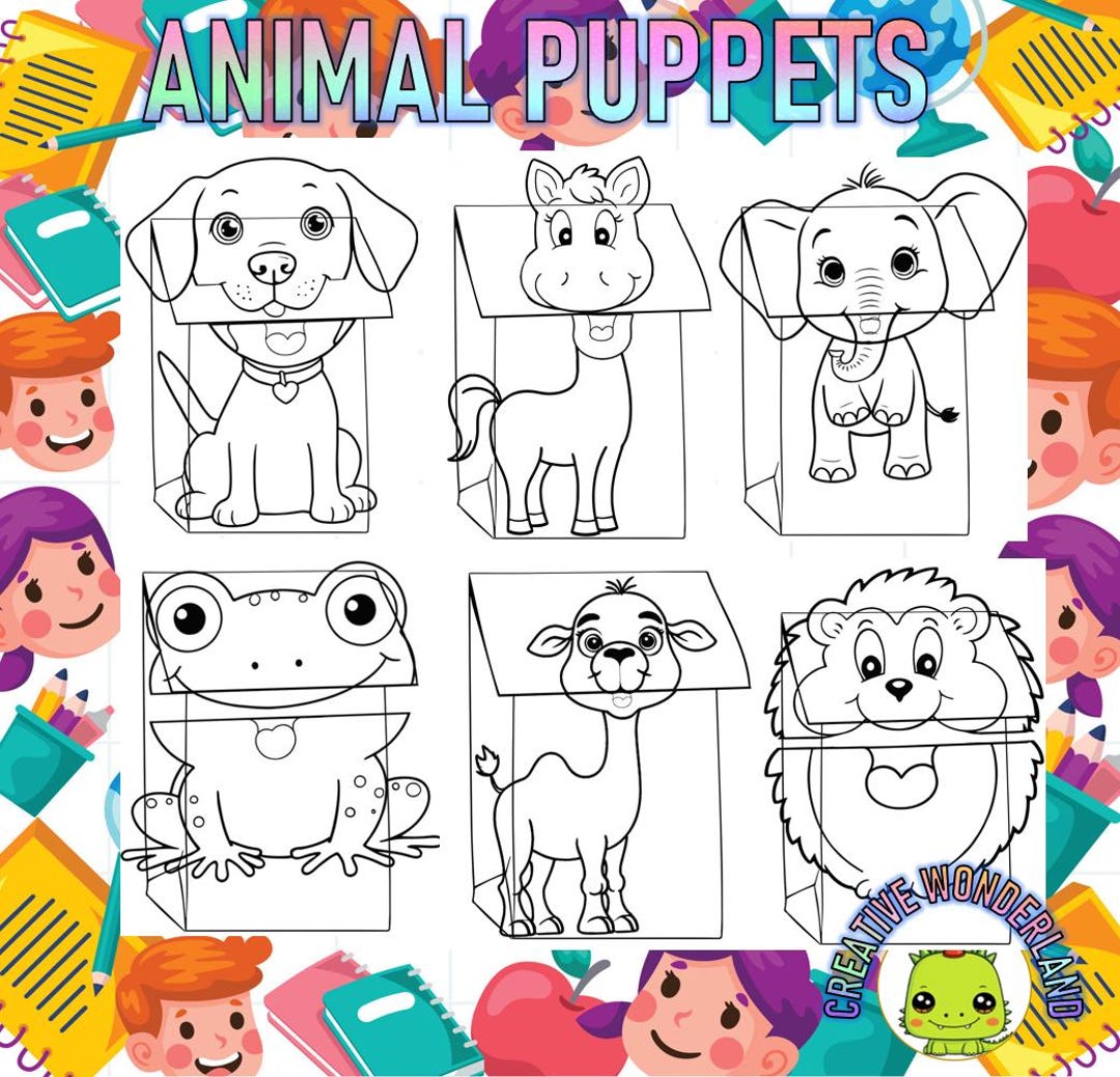 Animal Puppets - Paper Bag Crafts - Animal Coloring Activity - Set of ...