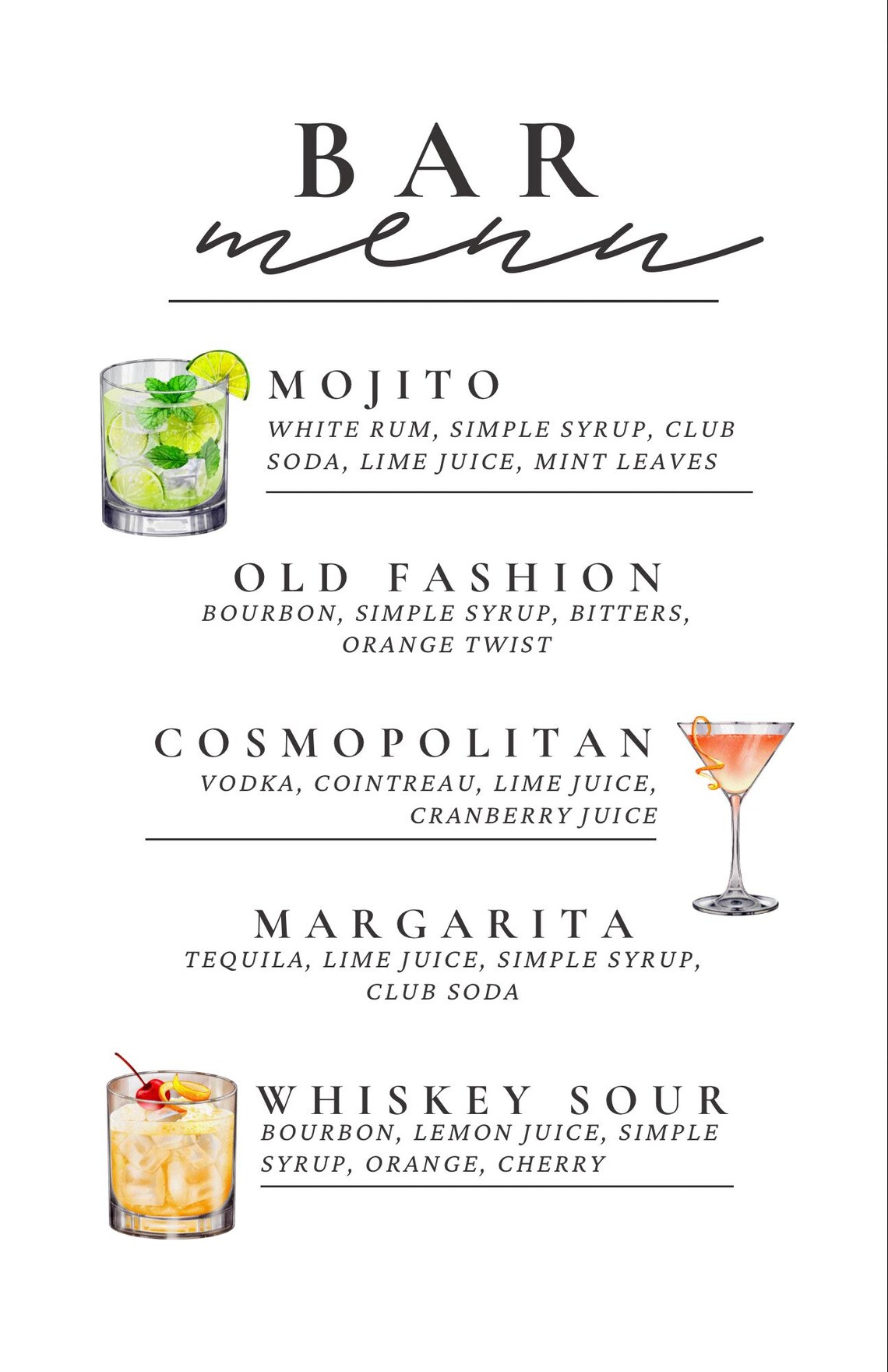 Elegant Bar Menu - Etsy