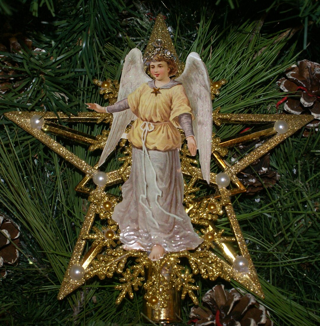 Victorian Angel Christmas Tree Topper, Gold Glitter Star Ornament - Etsy