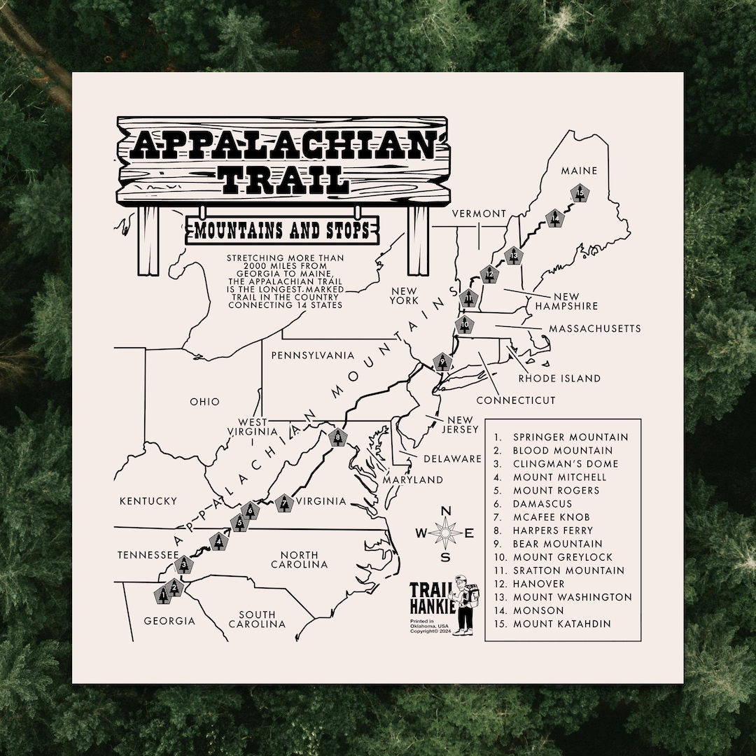 Appalachian Trail Map Trail Hankie, Appalachian Mountains Trail Bandana ...
