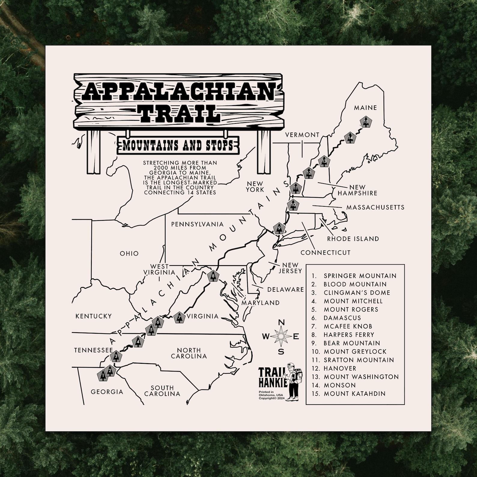Appalachian Trail Map Trail Hankie, Appalachian Mountains Trail Bandana ...