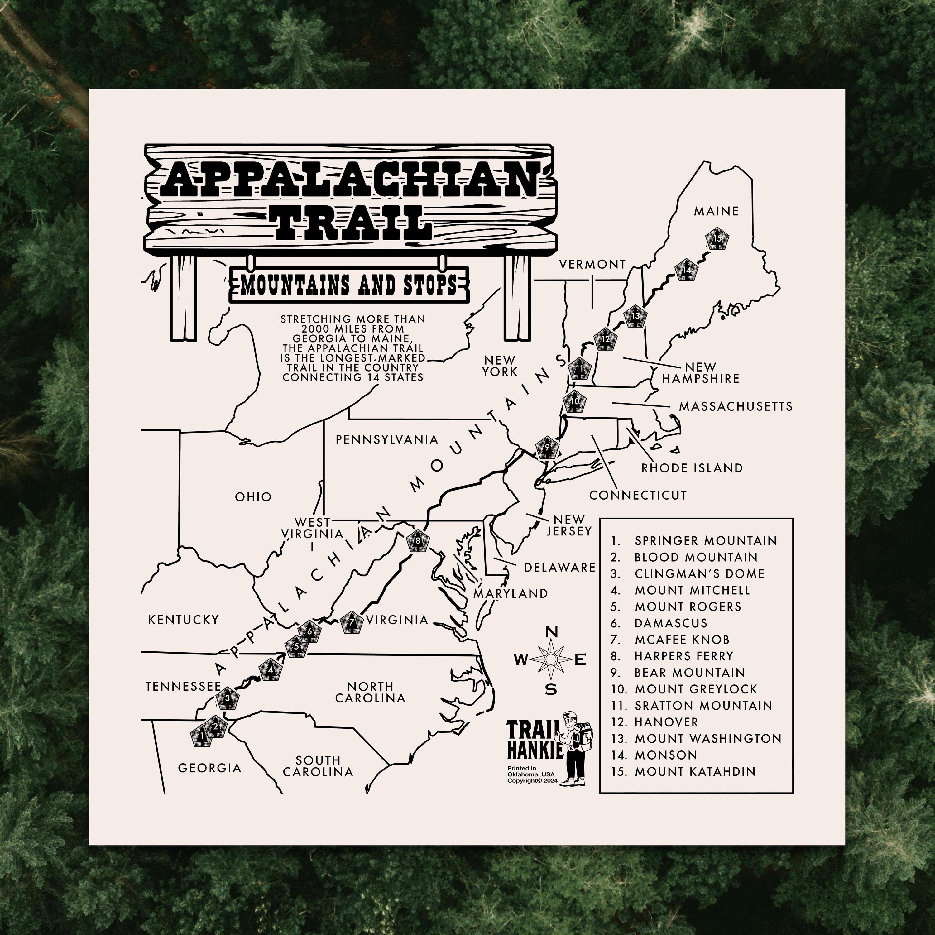Appalachian Trail Map Trail Hankie, Appalachian Mountains Trail Bandana ...