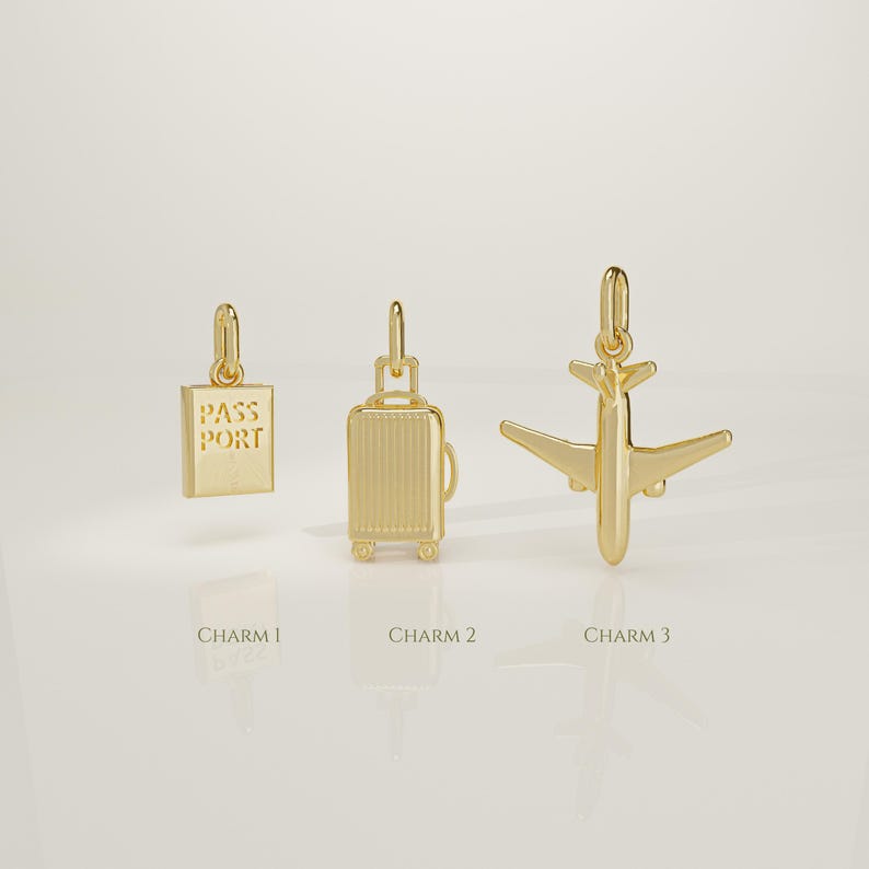 14K Solid Gold Vacation Charms: Passport, Suitcase, Plane - Handmade ...