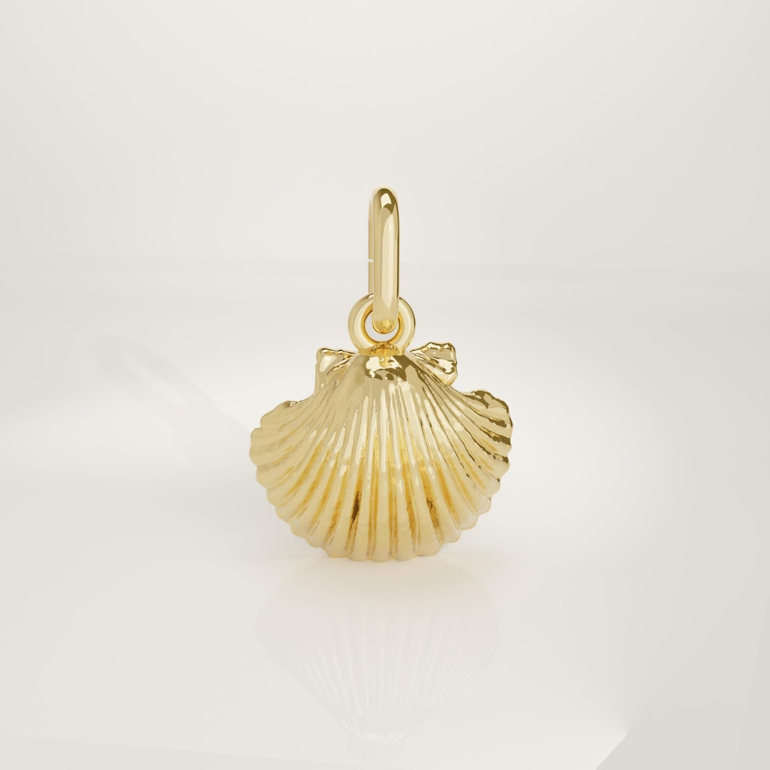 14K Solid Gold Seashell Charm Necklace, Tiny Scallop Shell Pendant in ...