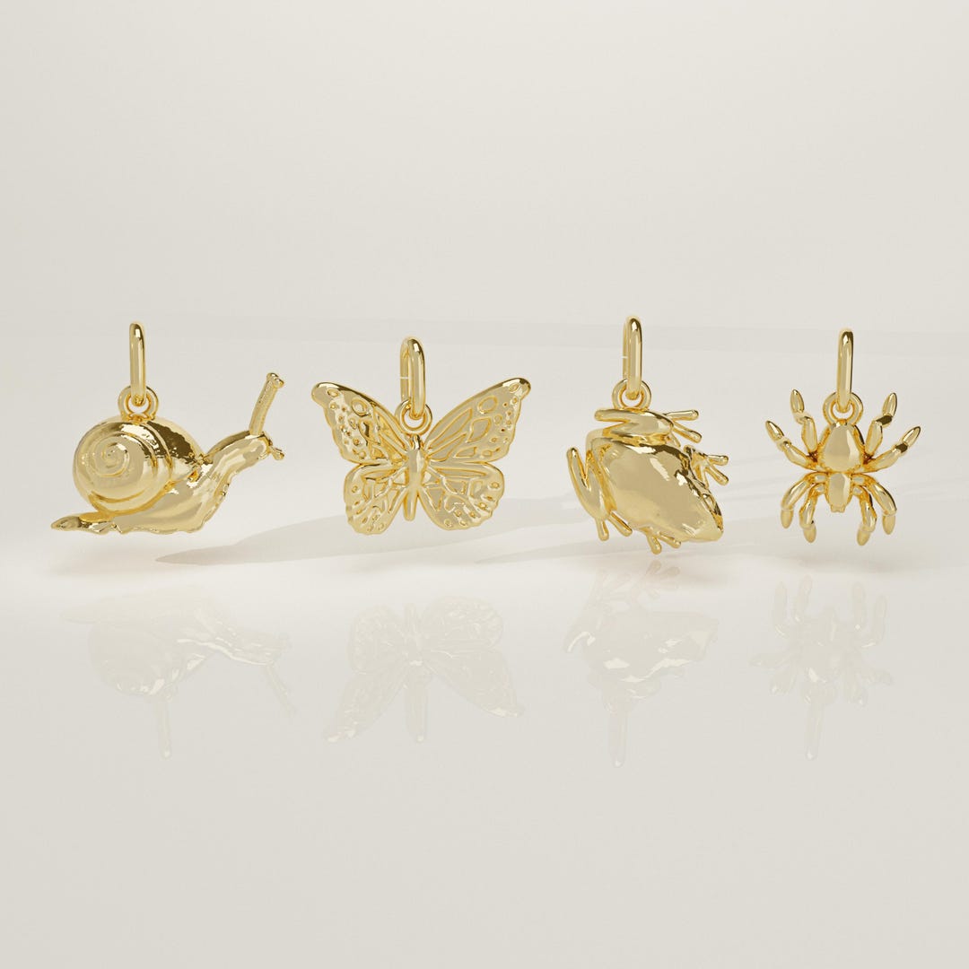 14K Solid Gold Custom Animal Charm: Butterfly, Snail, Frog, Spider ...