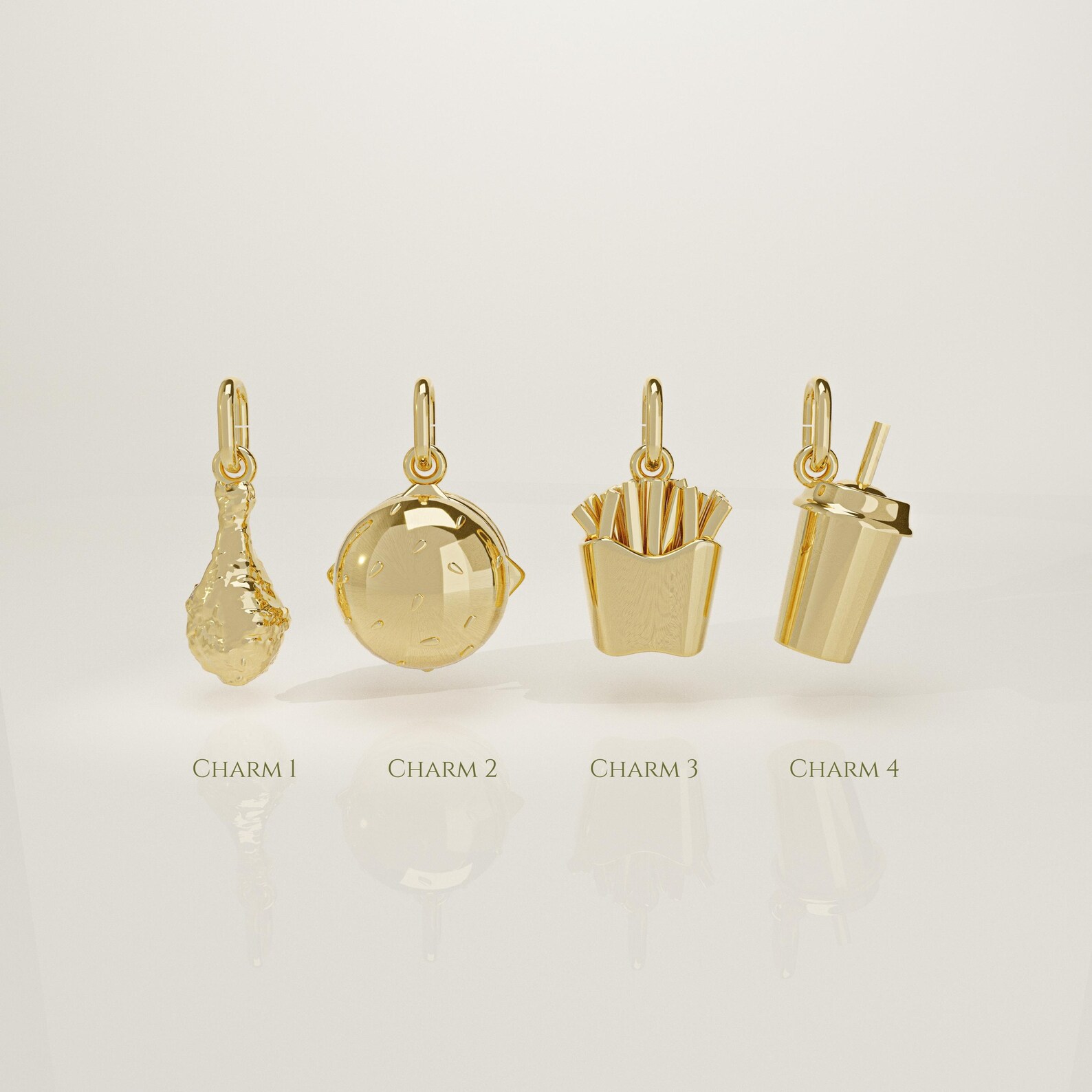 14K Solid Gold Fast Food Charm: Hamburger, Fries, Soda - Handmade Mini ...