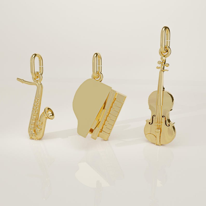 14K Solid Gold Realistic Music Instrument Charm: Violin, Piano ...