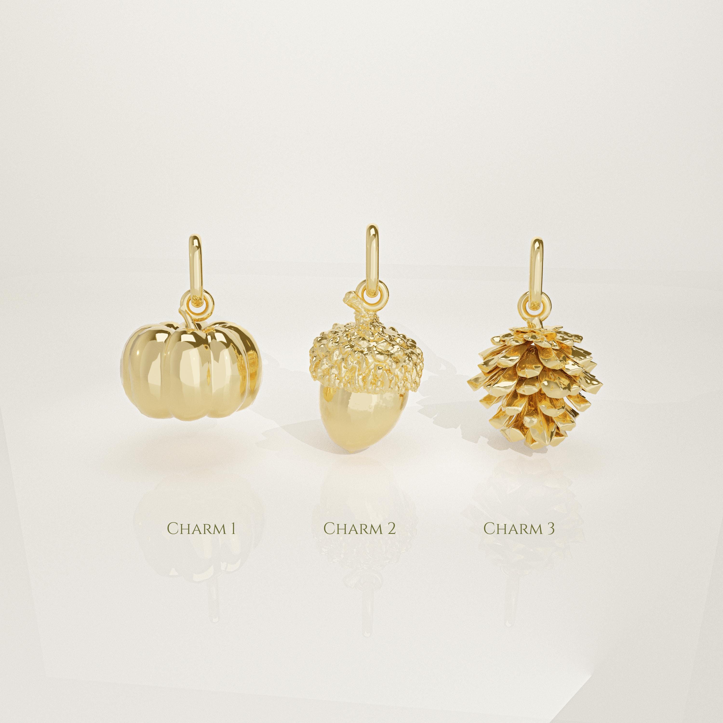 14K Solid Gold Autumn Charm: Pumpkin, Acorn, Pinecone - Handmade Mini ...