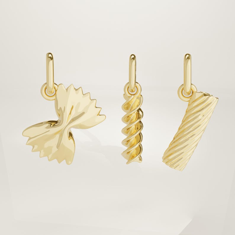 14K Solid Gold Pasta Charms: Farfalle, Fusilli, Rigatoni - Handmade ...