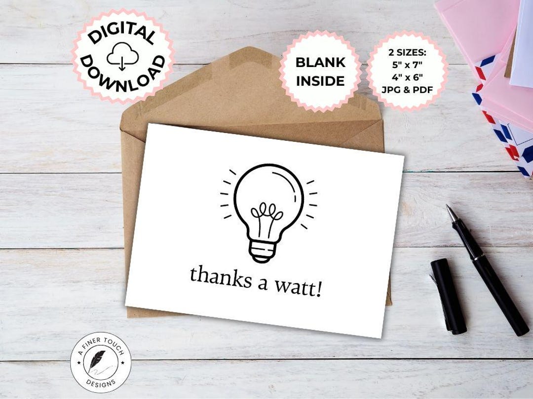 Thanks a Watt Thank You Card Printable – Funny Light Bulb Thank You ...