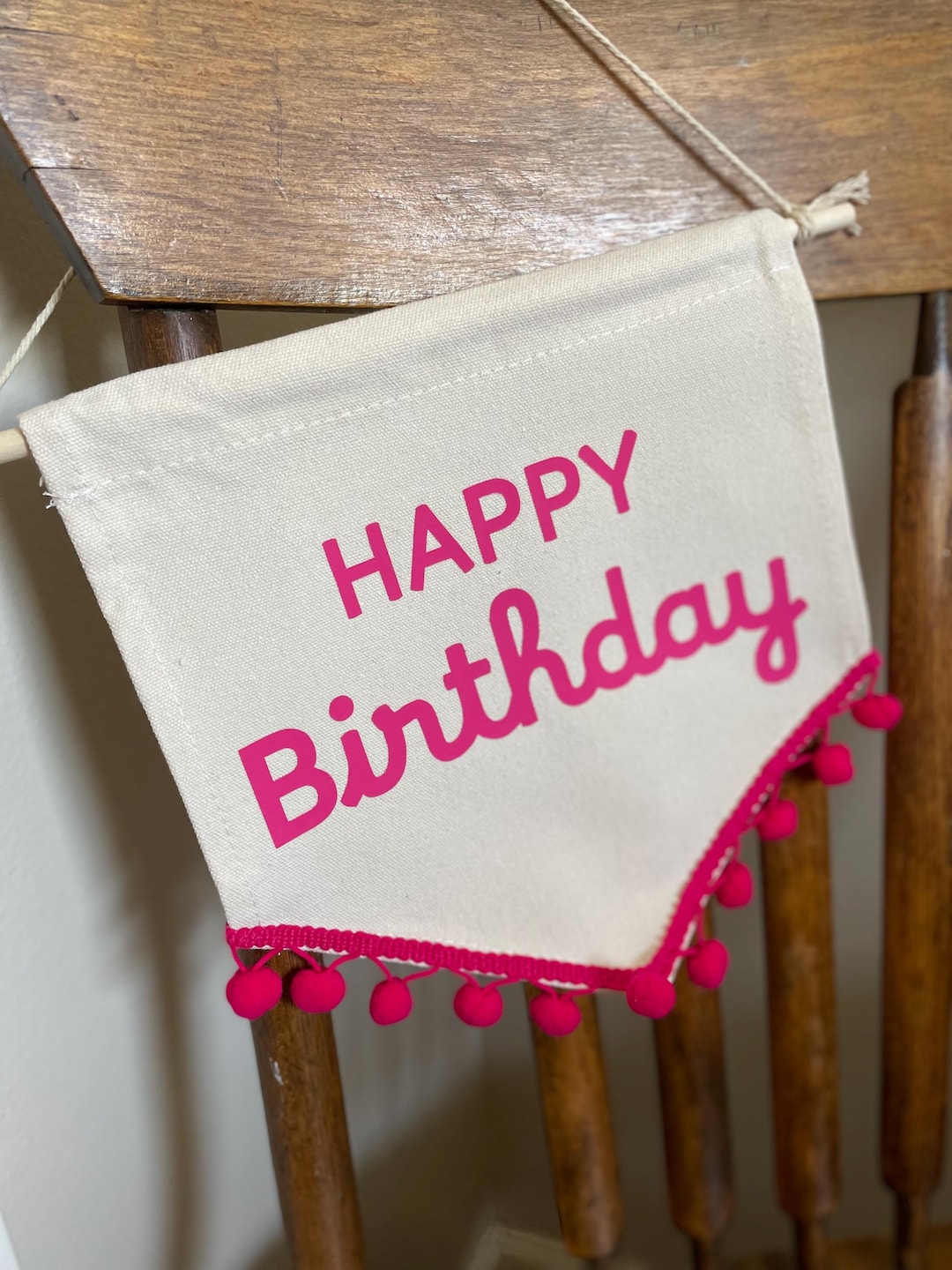 Happy Birthday Reusable Banner Pink Pom Pom Trim - Etsy