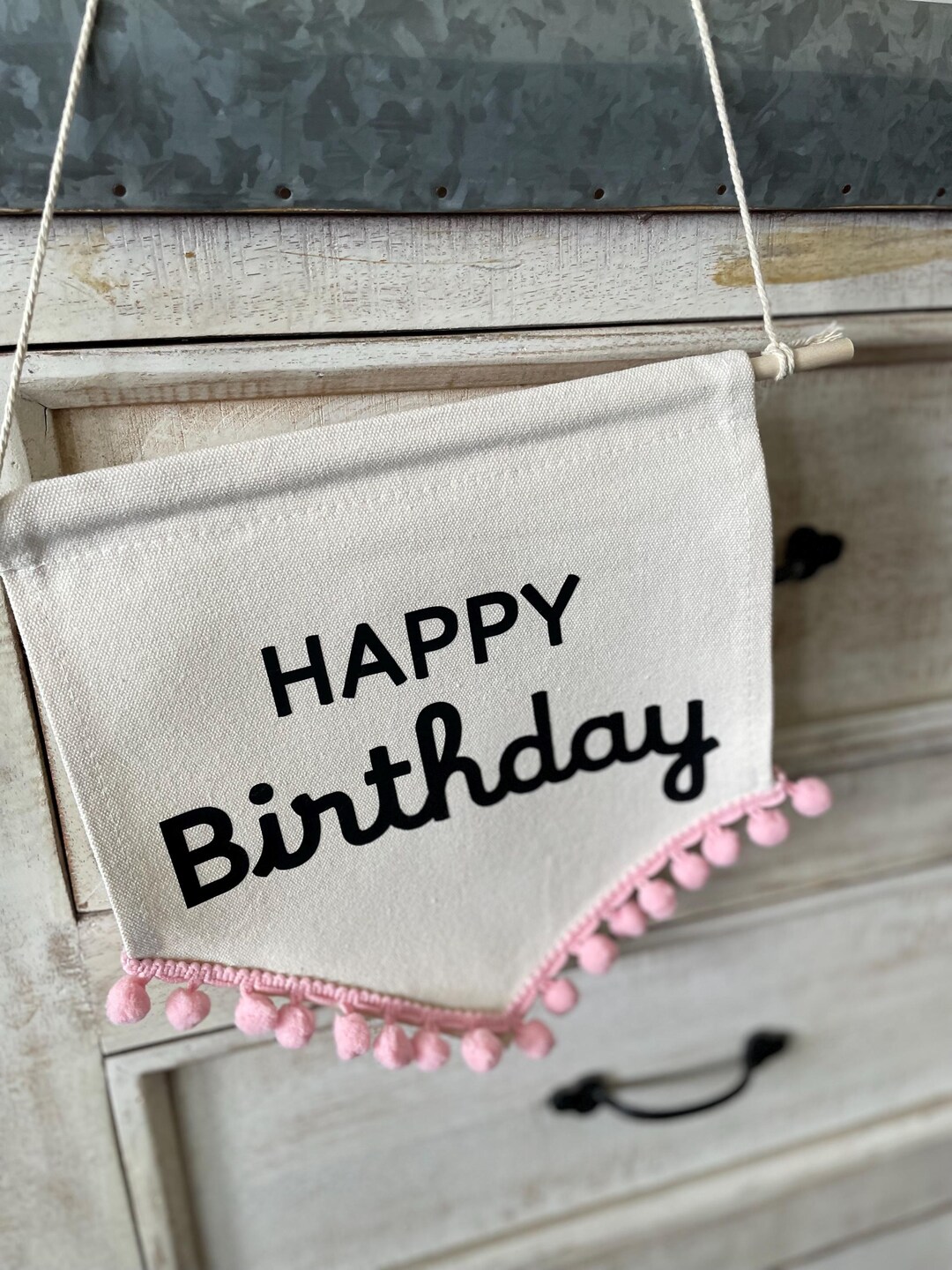 Happy Birthday Reusable Banner Light Pink Pom Pom Trim - Etsy