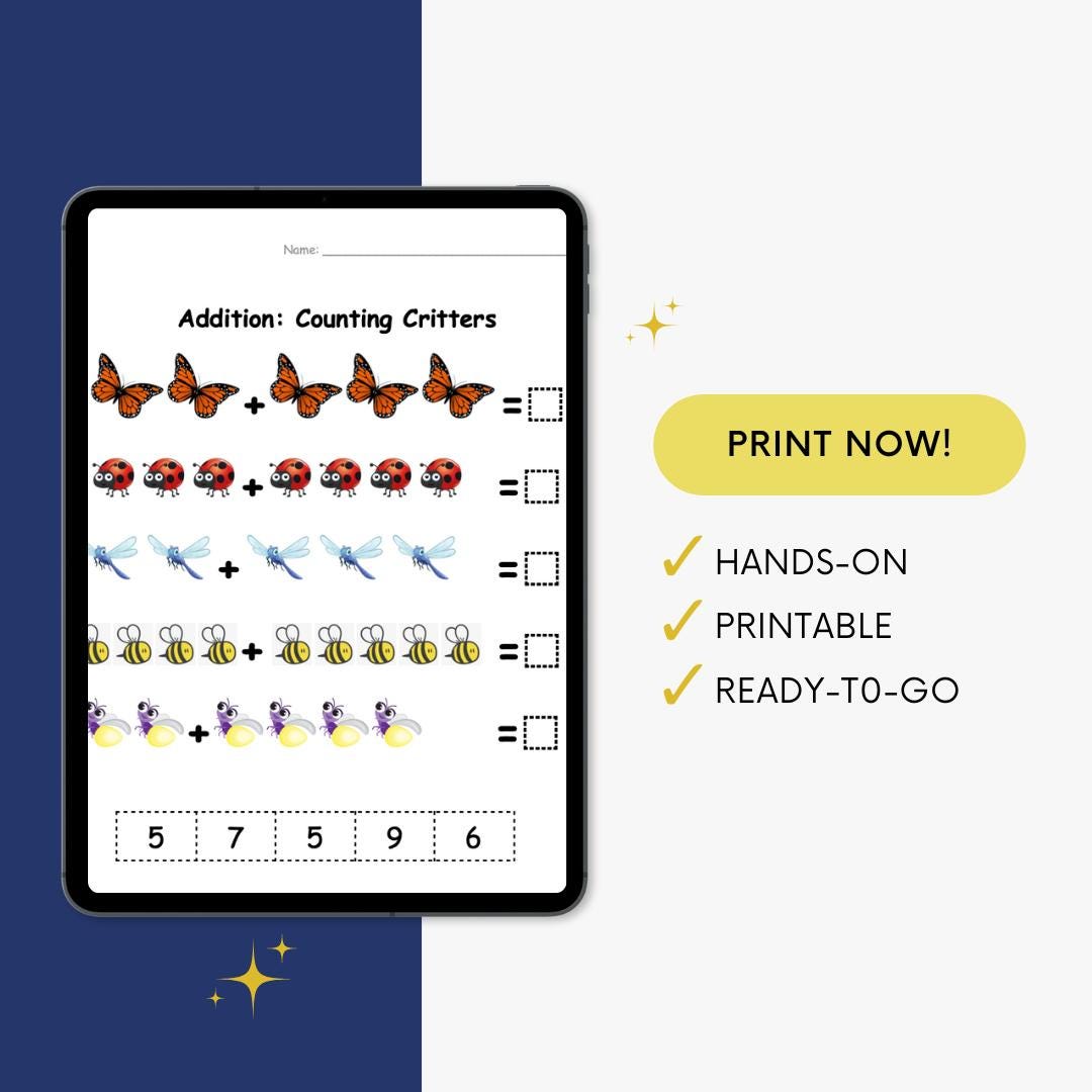 Addition Worksheet for Kids: Counting Critters | Bug-themed Math, Early ...