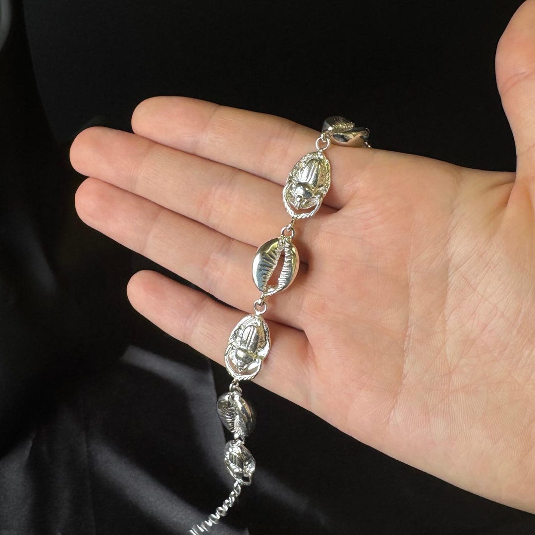 Cowrie Shell & Scarab .925 Sterling Silver Link Bracelet, Sea Shell ...