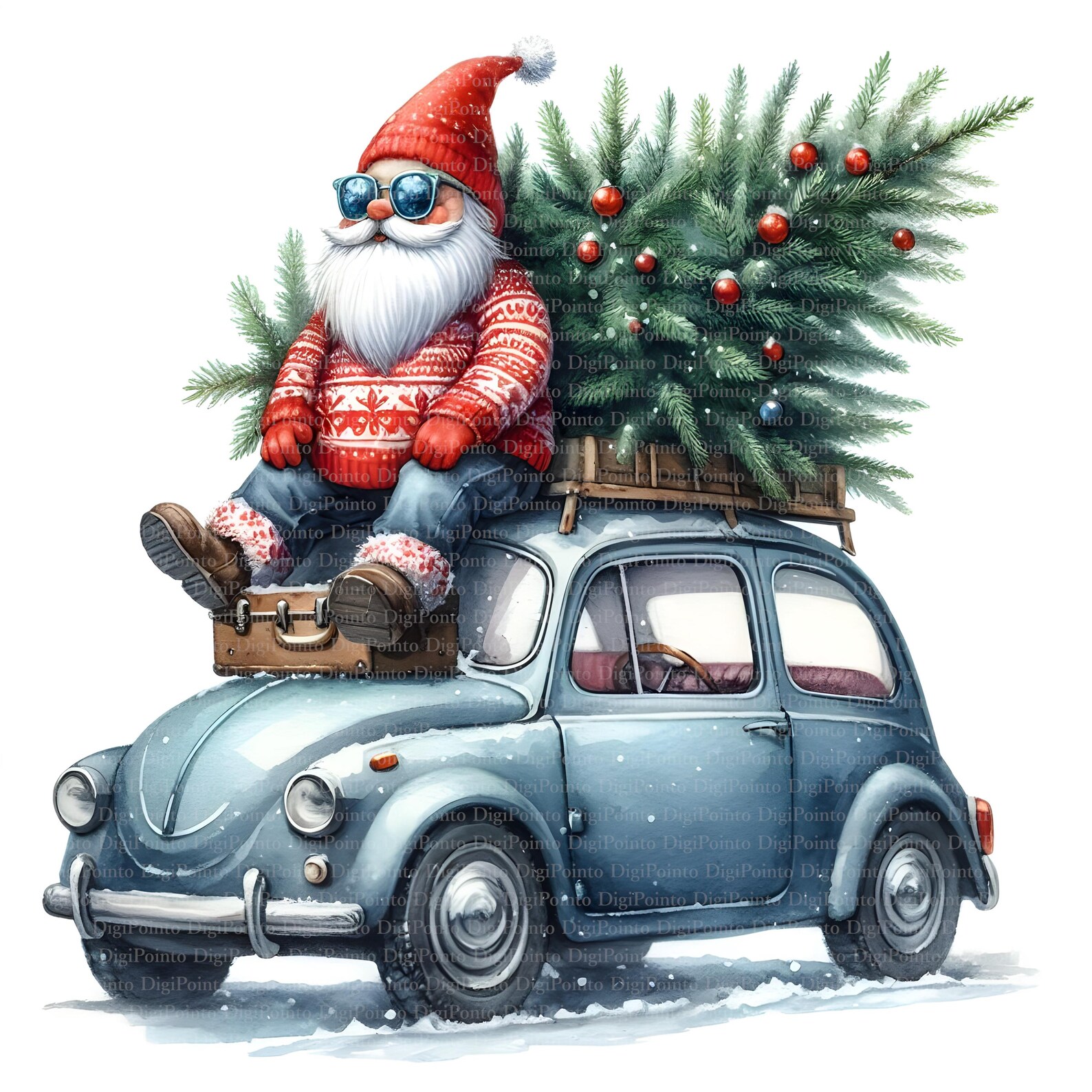 7 Christmas Gnomes With Vintage Car Clipart, Digital Download, Jpgs ...