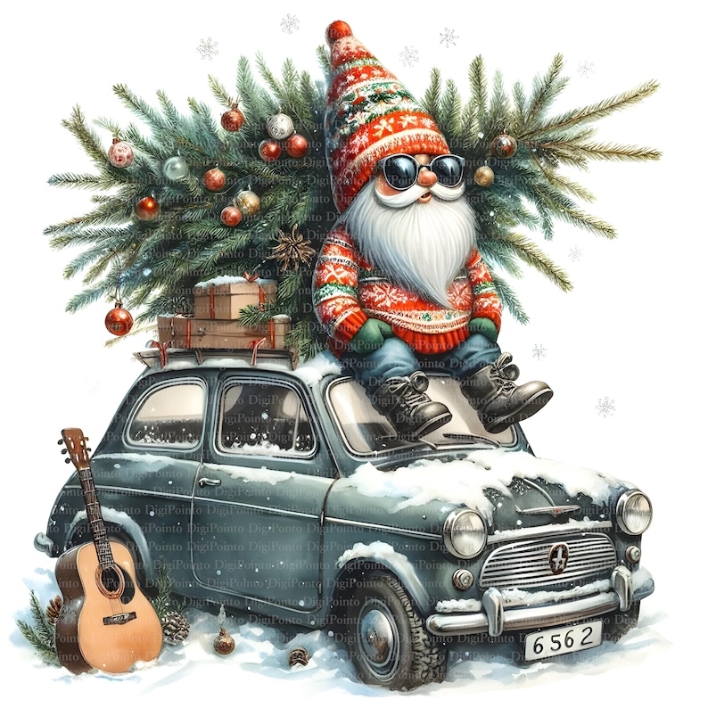7 Christmas Gnomes With Vintage Car Clipart, Digital Download, Jpgs ...