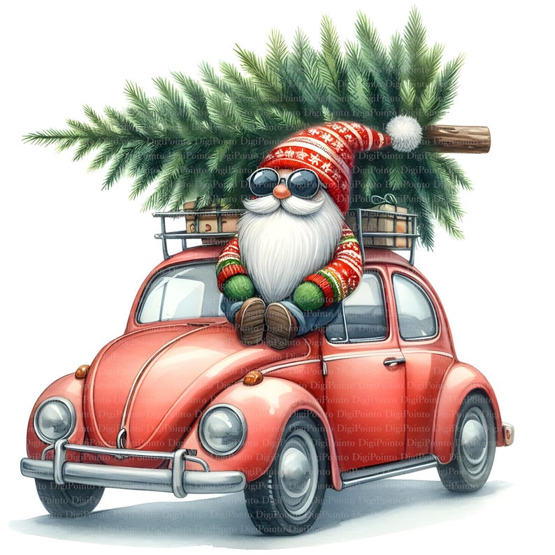 7 Christmas Gnomes With Vintage Car Clipart, Digital Download, Jpgs ...