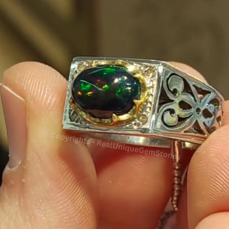 Original Men's Black Fire Opal Ring Gold Plated Unique Opal Ring in ...