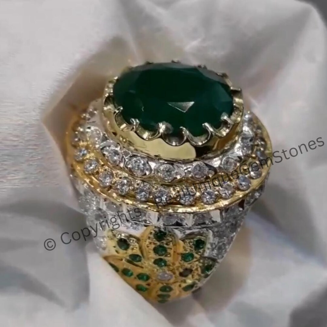 Emerald Gemstone Mens Ring in Sterling Silver 925 Luxury Handcrafted ...