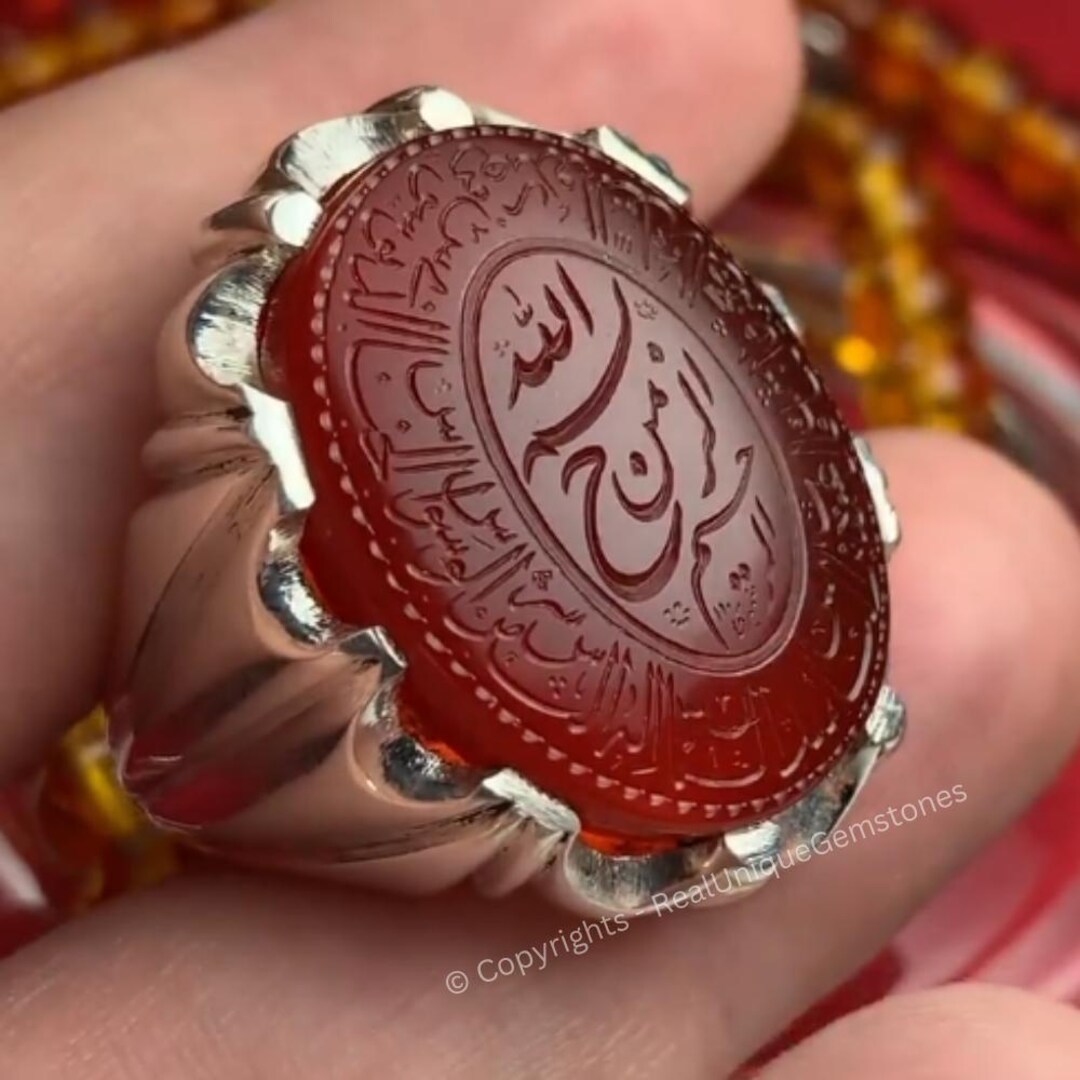 Real Aqeeq Agate Engraved Ring Original Red Akik Ring 925 Sterling ...