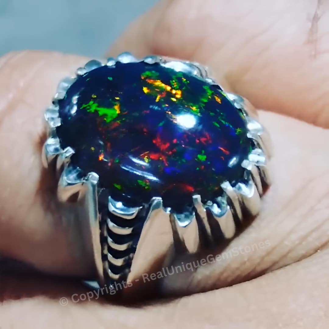 Sophisticated Black Fiery Opal Ring Handmade Sterling 925 Silver Opal ...