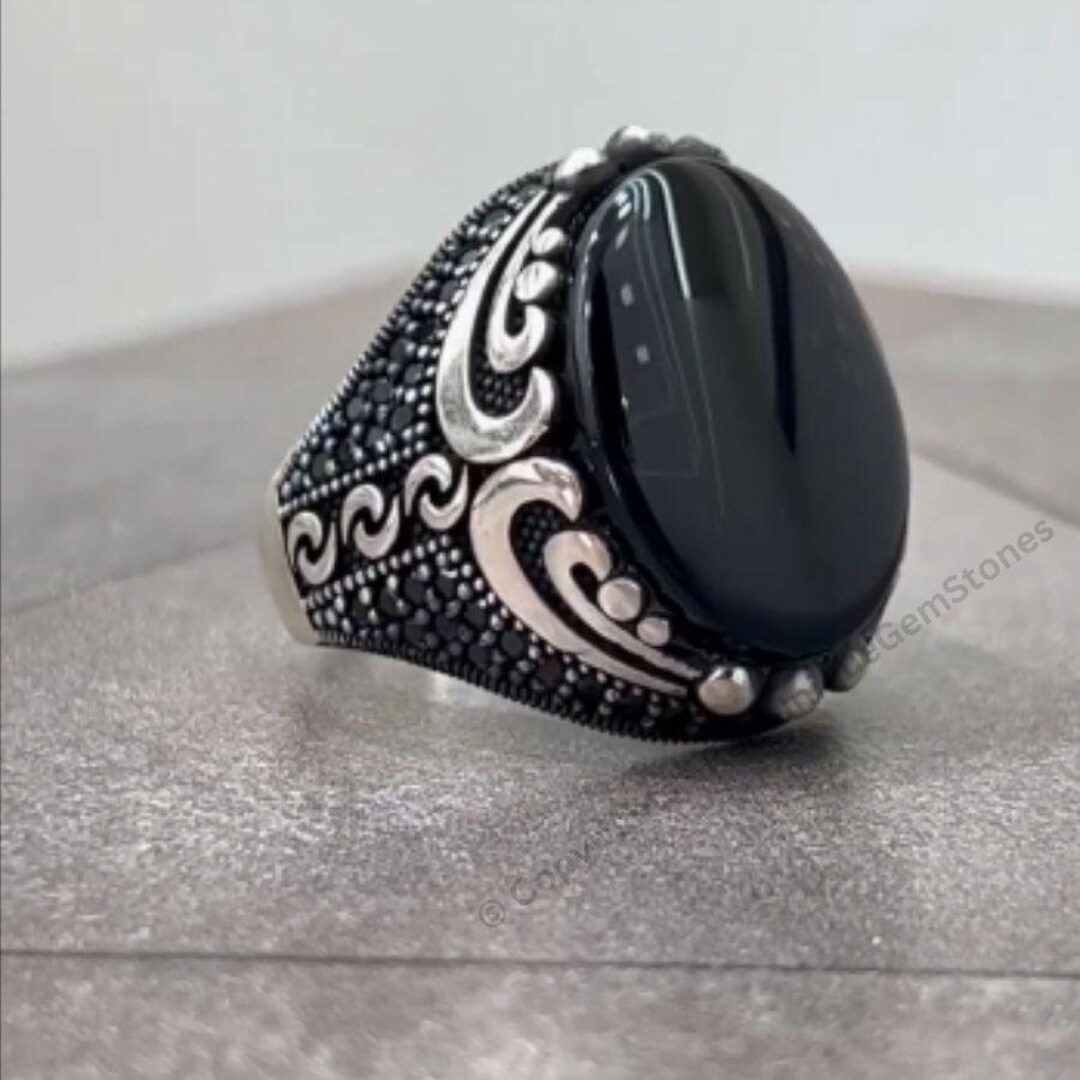 Natural Black Aqeeq Haqeeq Gemstone Ring for Men Original Akik Mens ...