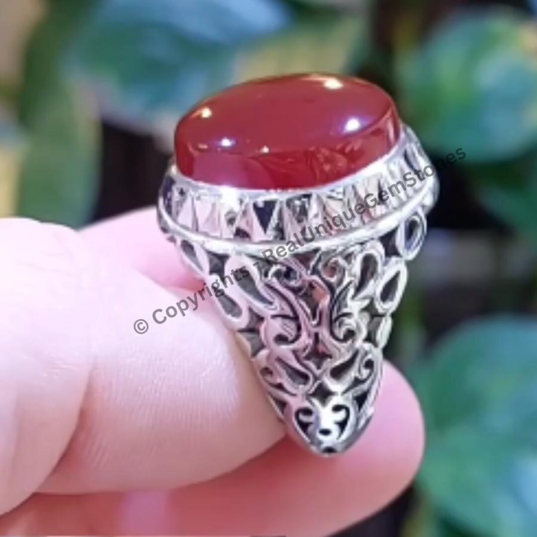 Mens Red Aqeeq Agate Ring Handcrafted Red Aqeeq Ring 925 Sterling ...