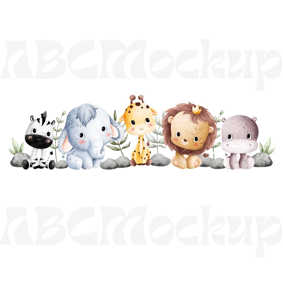 Cute Baby Jungle Safari Animals Kids PNG Mockup, Watercolor Design Baby ...