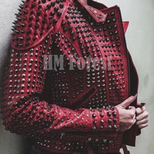Handmade Red & Black Spiked Leather Jacket: Punk Biker Coat - Etsy
