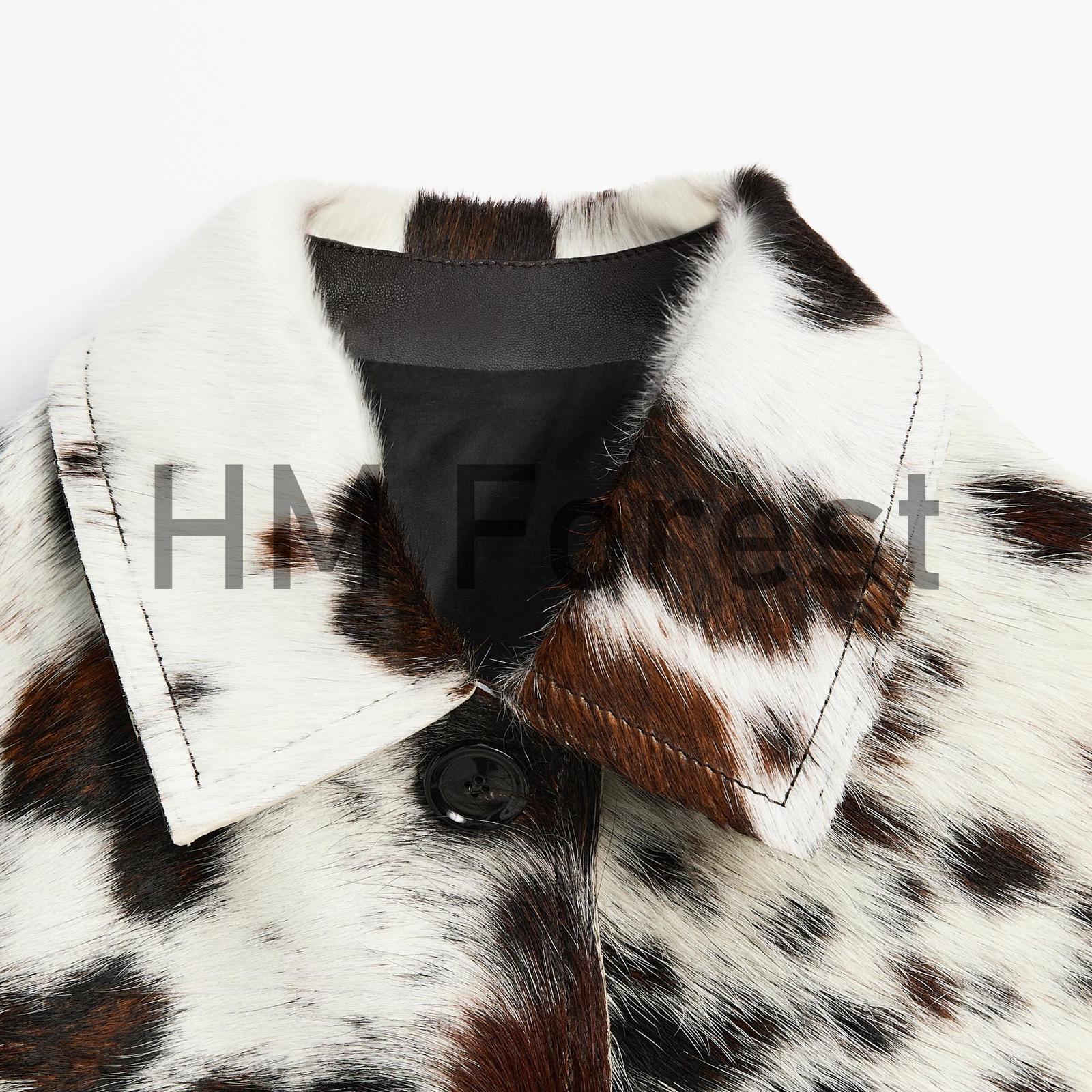 Short Animal Print Cowhide Leather Jacket With Natural Fur, Shirt Style ...