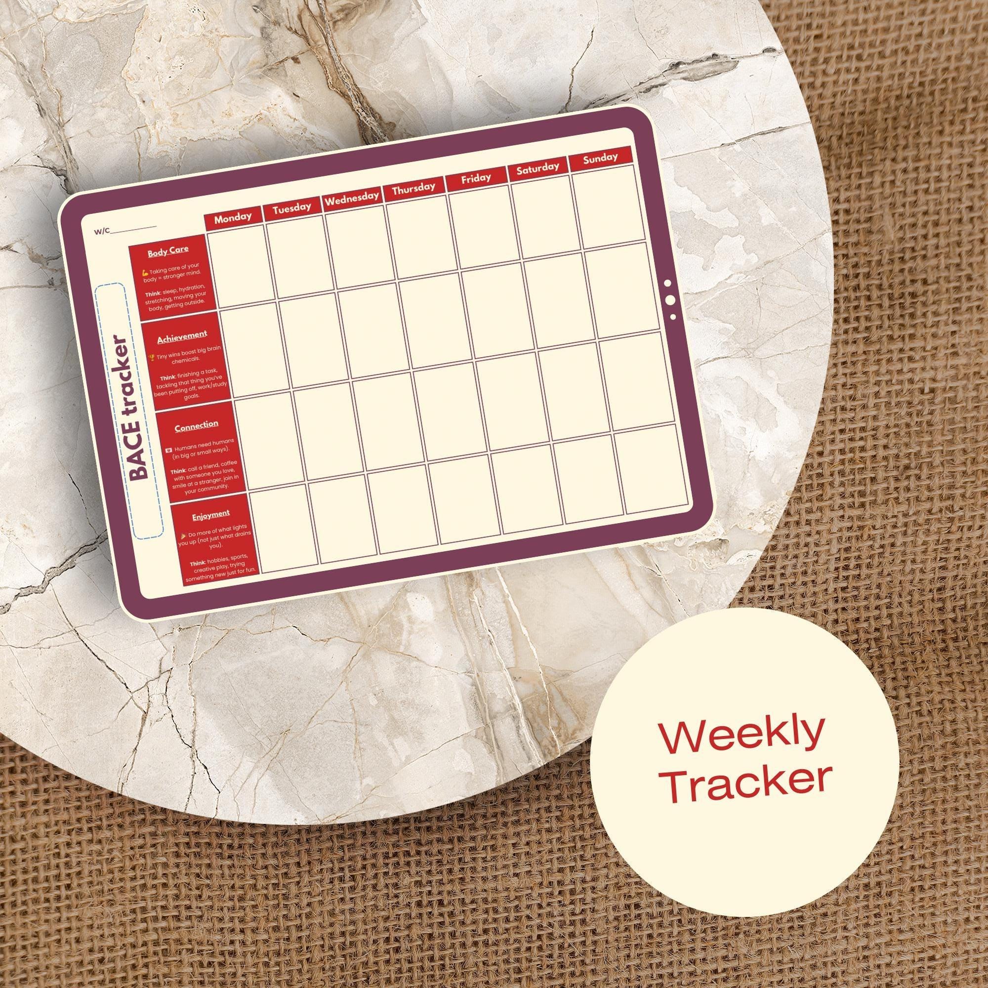 BACE Tracker Printable: CBT Self-care Worksheet (weekly PDF Download A4 ...