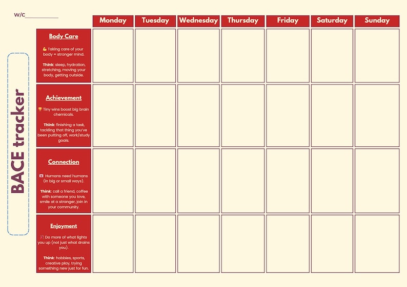 BACE Tracker Printable: CBT Self-care Worksheet (weekly PDF Download A4 ...