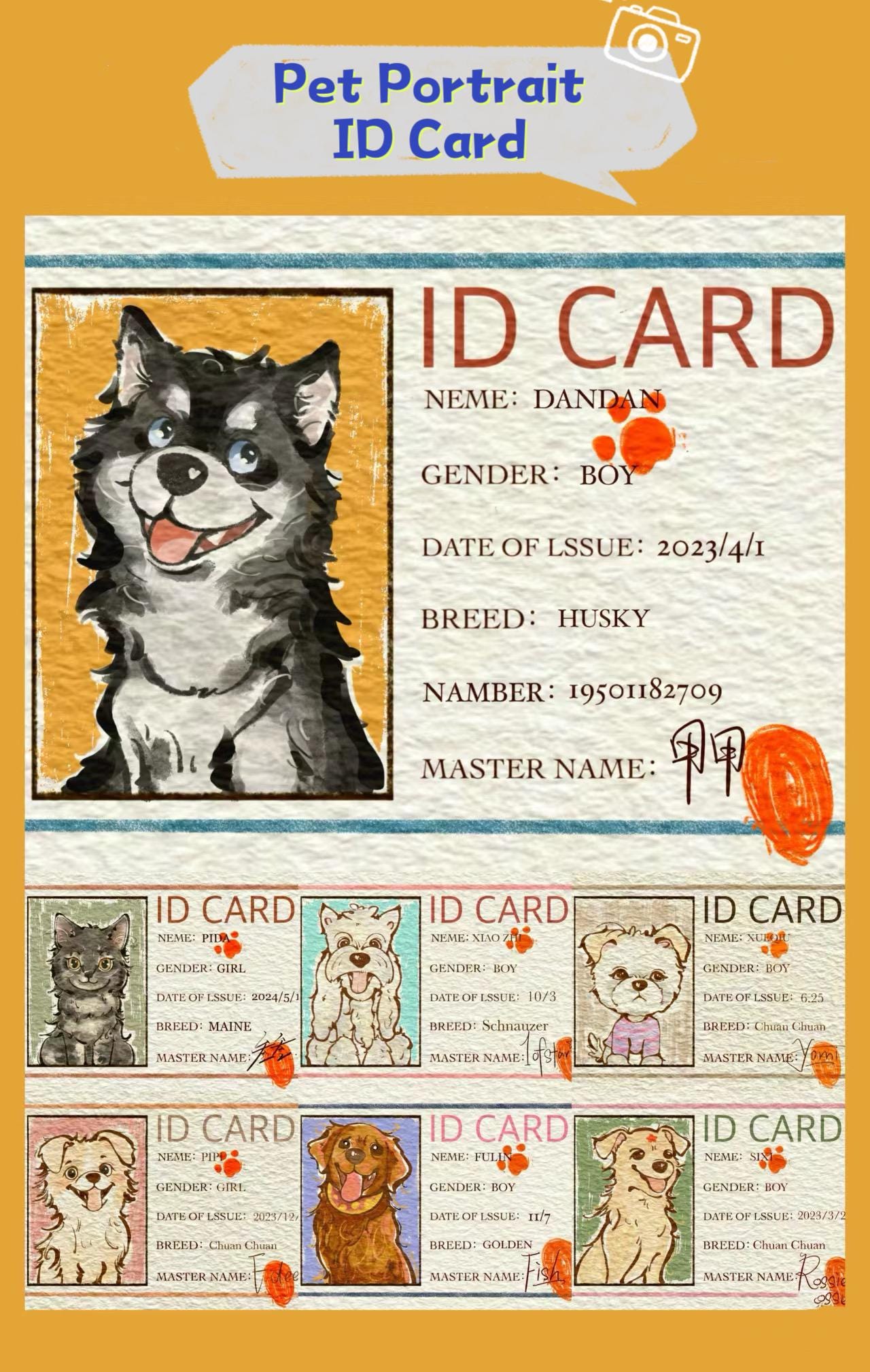 Custom Hand-drawn Pet ID Card | Personalized Printable Pet Portrait ...