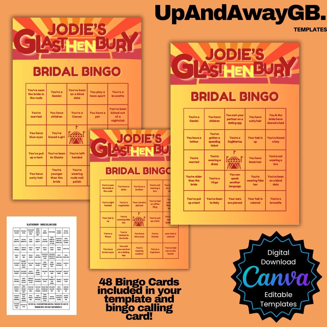48 Hen Bingo Game Cards | Glasthenbury Bridal Bingo | Bachelorette ...