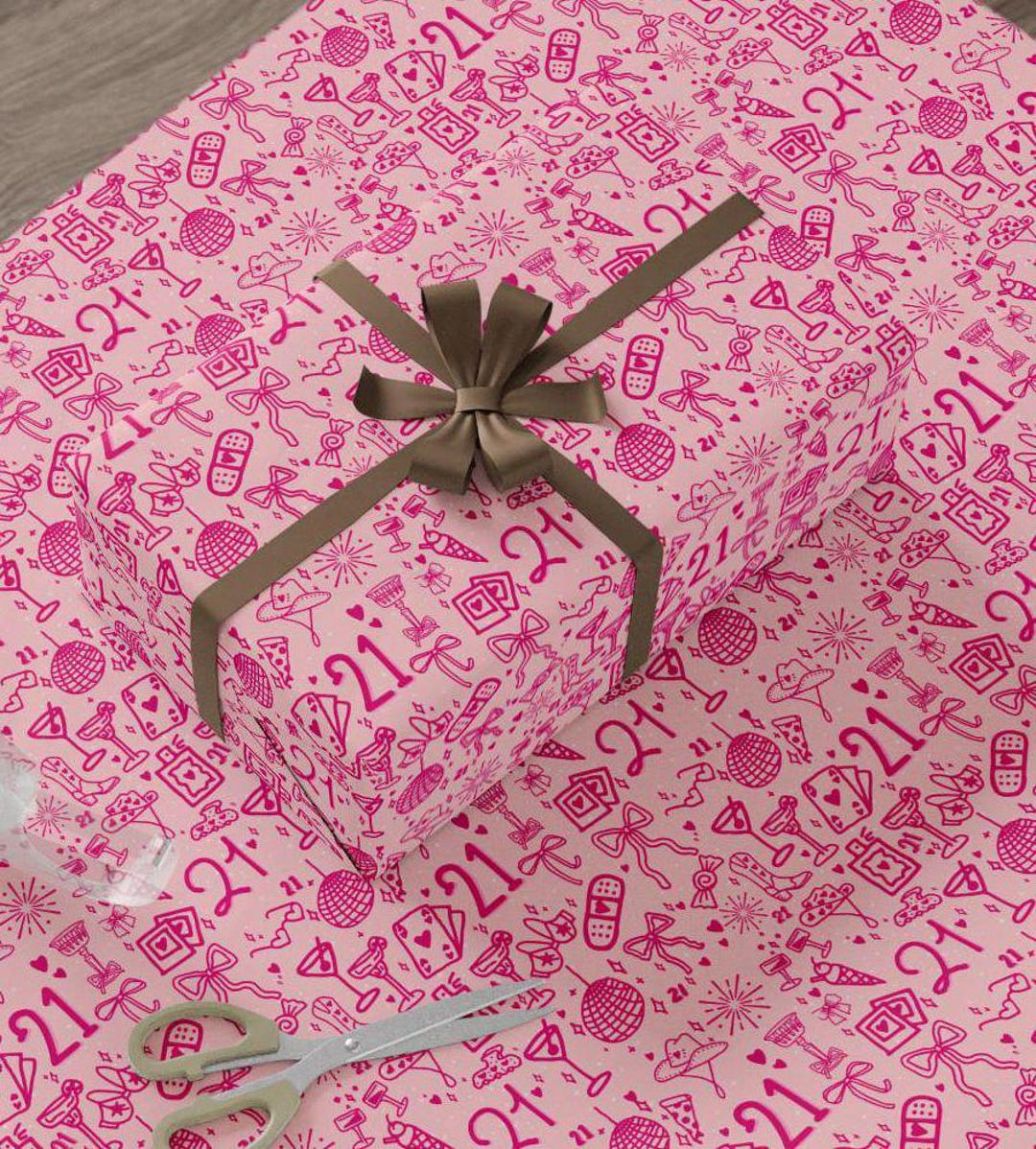 21st Birthday Wrapping Paper - Pink Girly Vegas Cowgirl Drinking Party ...