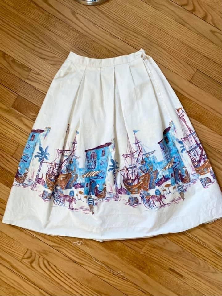 Vintage 1950’s Tropical Nautical Island & Ships Cotton Novelty Skirt ...