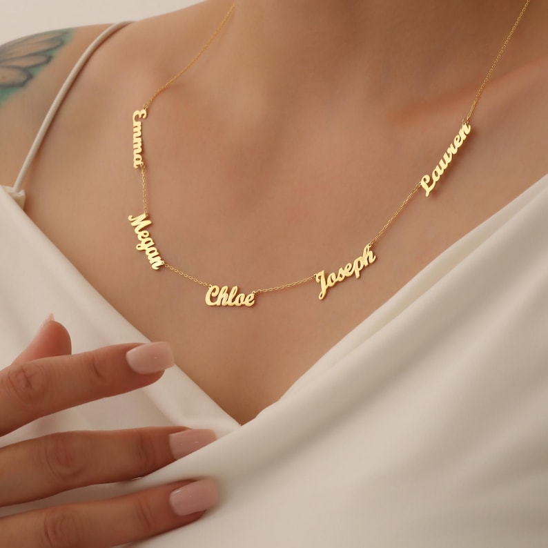 Multiple Name Necklace Gold, Five Name Necklace, Family Name Necklace ...