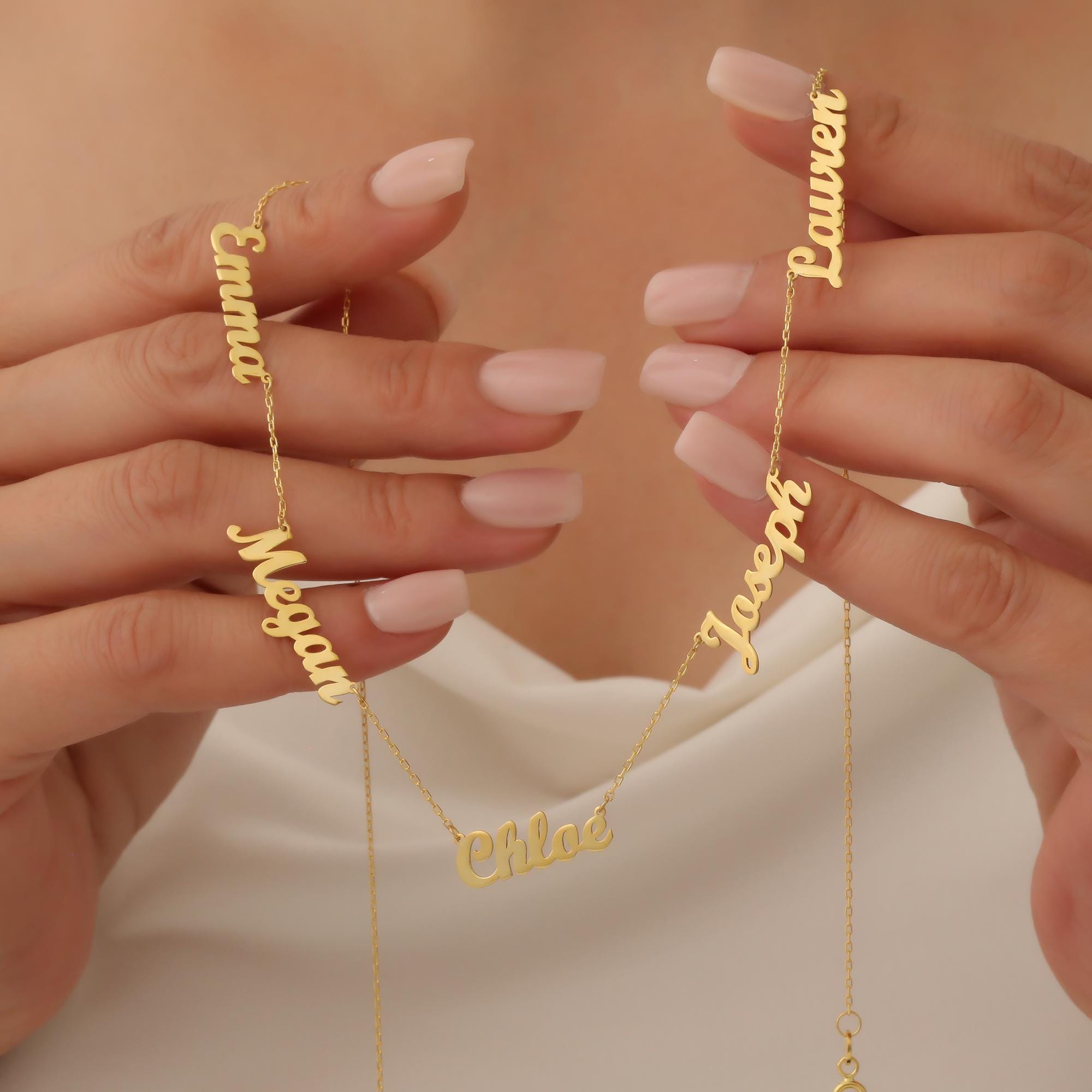 Multiple Name Necklace Gold, Five Name Necklace, Family Name Necklace ...