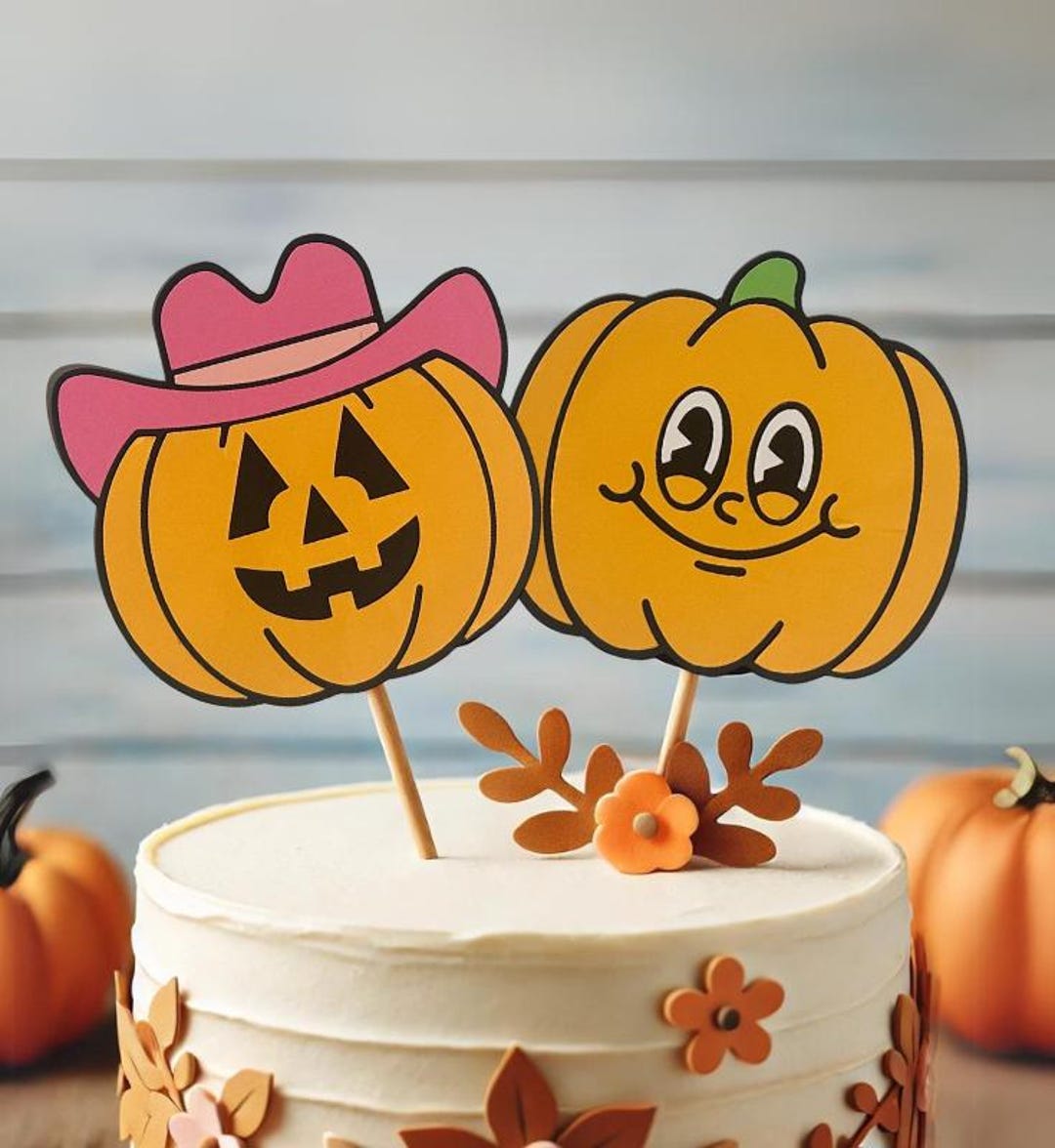 Adorable Pumpkin Cake Toppers Fall, Halloween, or Thanksgiving Party Decor Pink Cowboy Hat ...