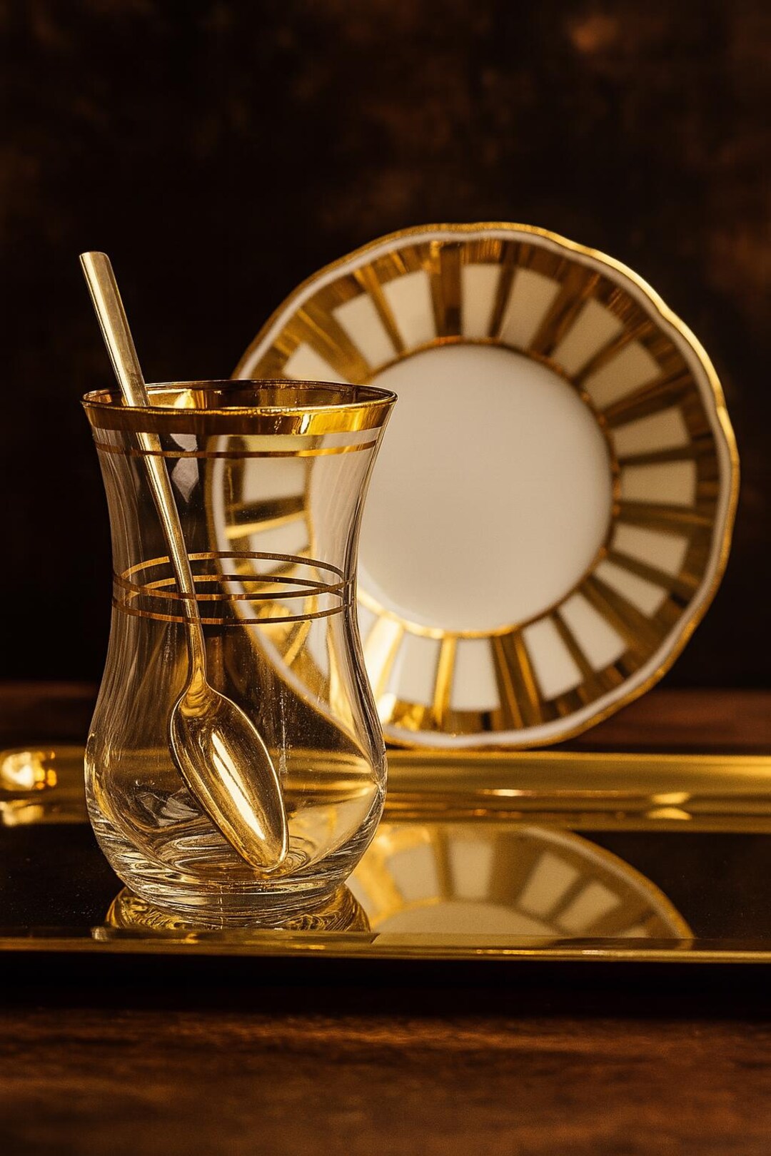 Gold Turkish Tea Glass Set With Spoon Kolon Design - Etsy