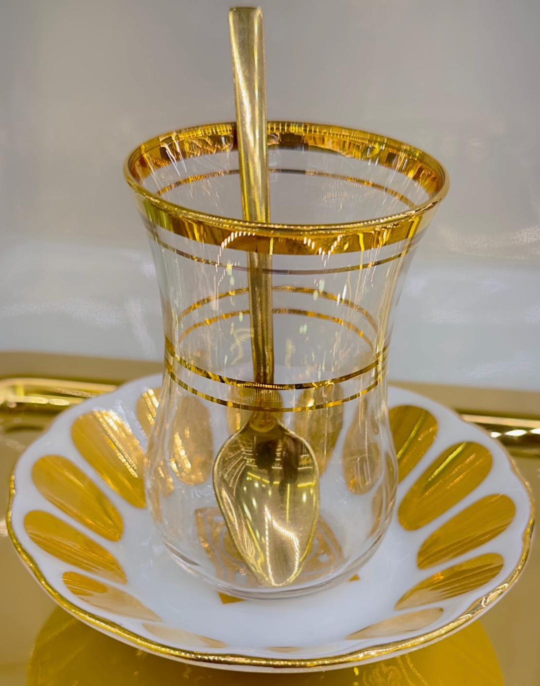 Gold Turkish Tea Glass Set With Spoon Classic Gold - Etsy