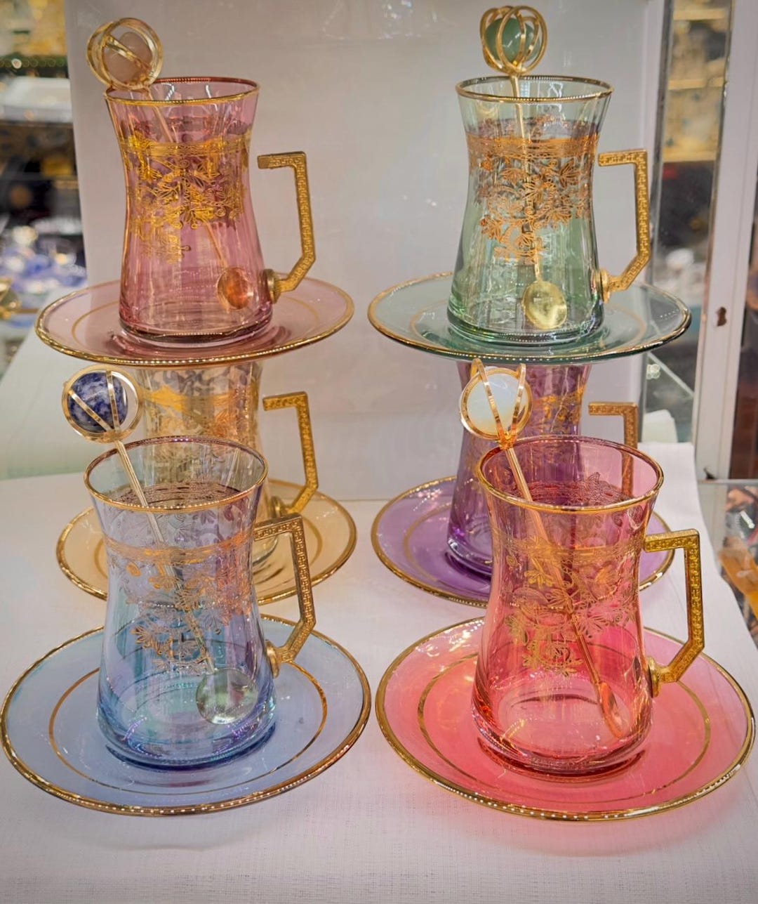 Turkish Tea Set Handmade Pantograph Mixed Color With Handle - Etsy