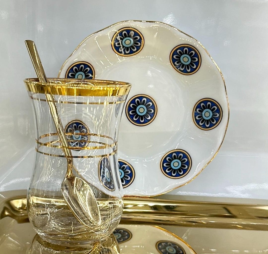 Gold Turkish Tea Glass Set With Spoon Round Motif - Etsy