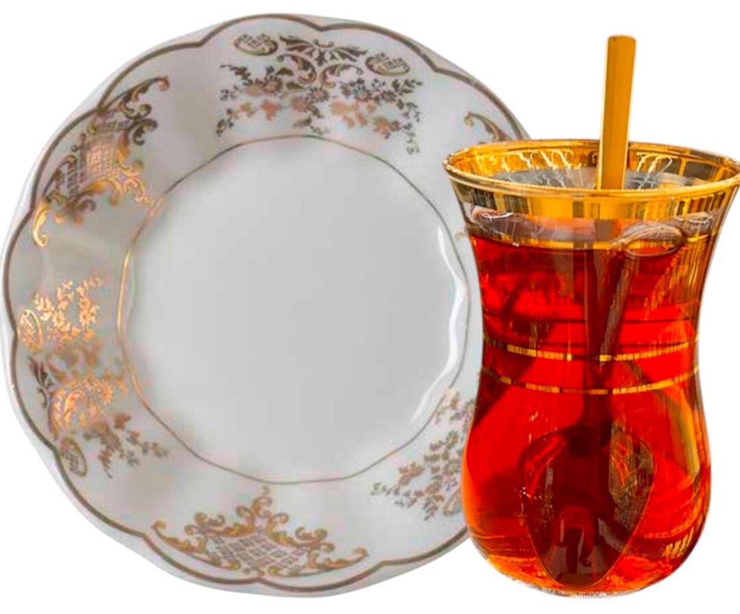 Traditional Turkish Tea Glass Set With Spoon Golden Motif Saucers - Etsy